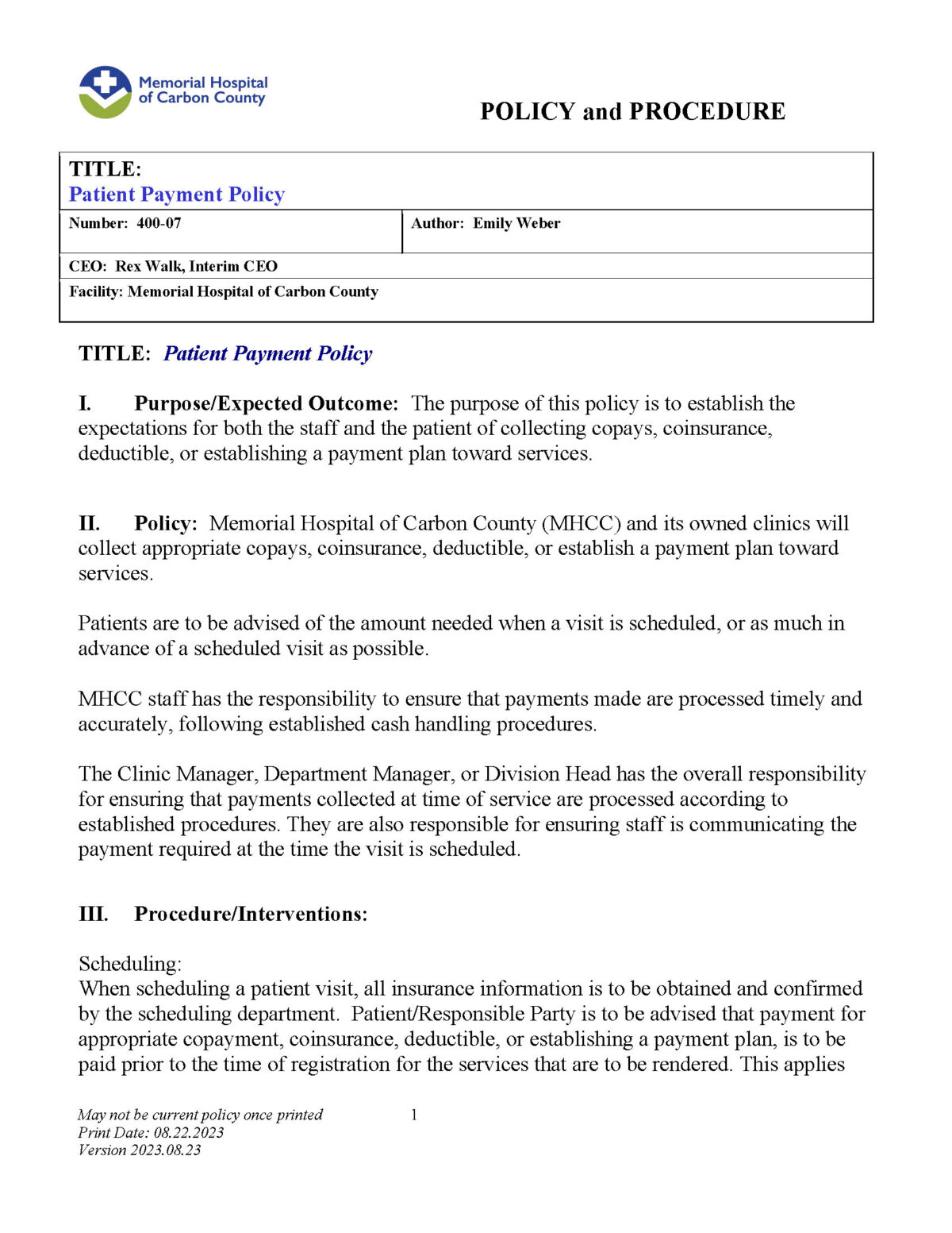Patient Payment Policy - Memorial Hospital of Carbon County